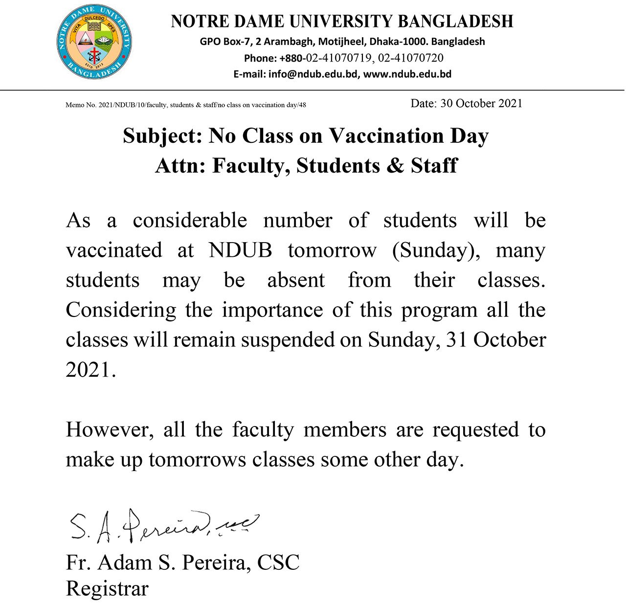 No Class on Vaccination Day - Notre Dame University Bangladesh
