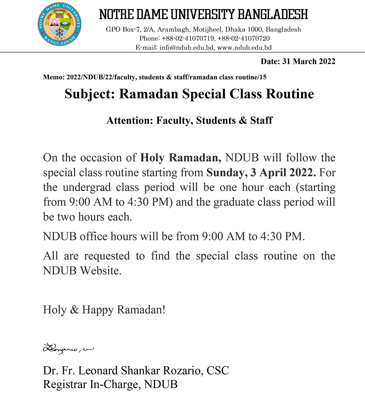 Ramadan routine for Spring 2022 - Notre Dame University Bangladesh