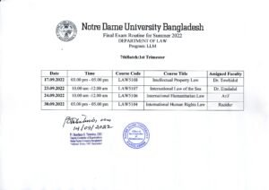 LLM Final Exam Routine, Summer 2022 - Notre Dame University Bangladesh