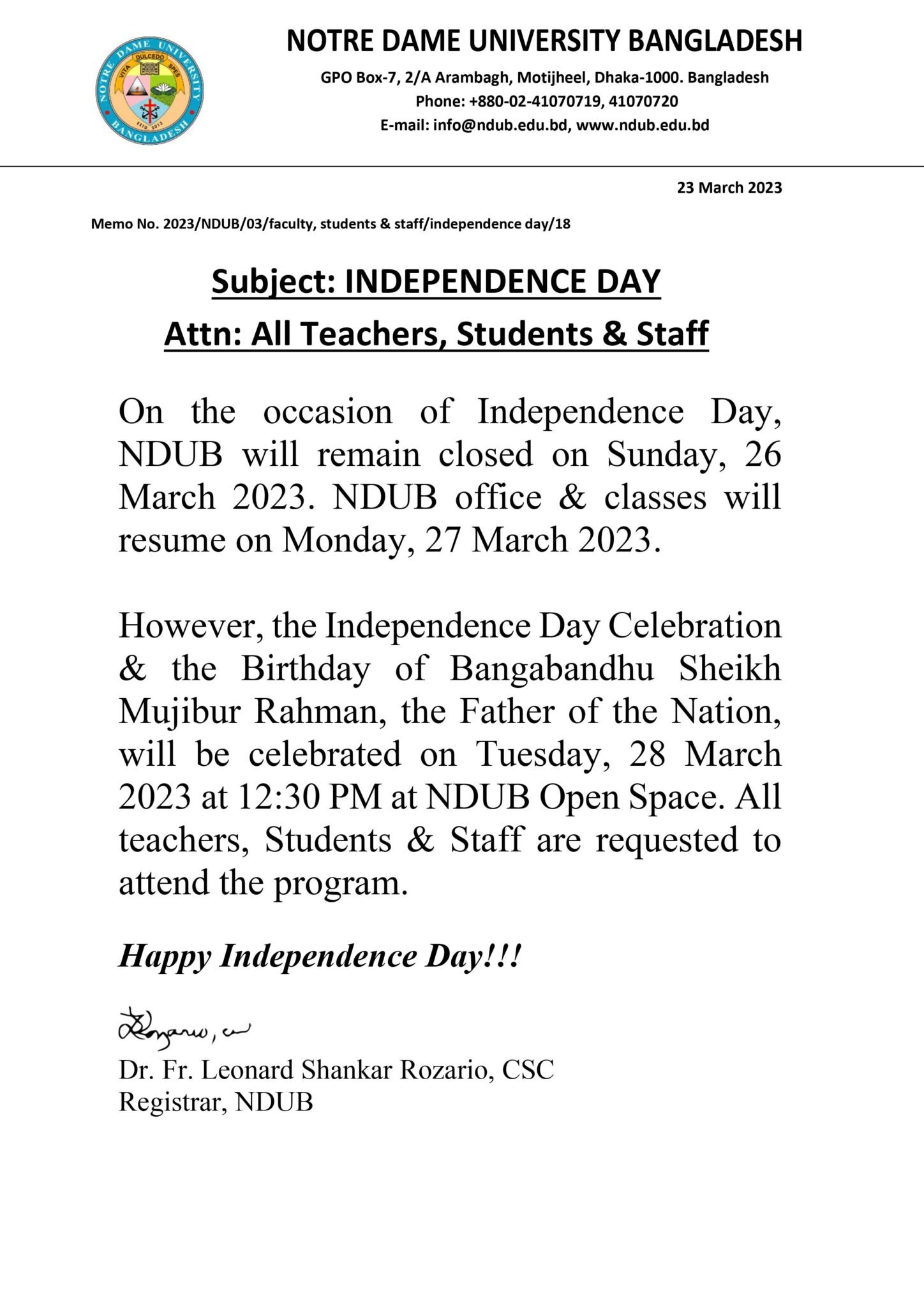 INDEPENDENCE DAY 2023 - Notre Dame University Bangladesh