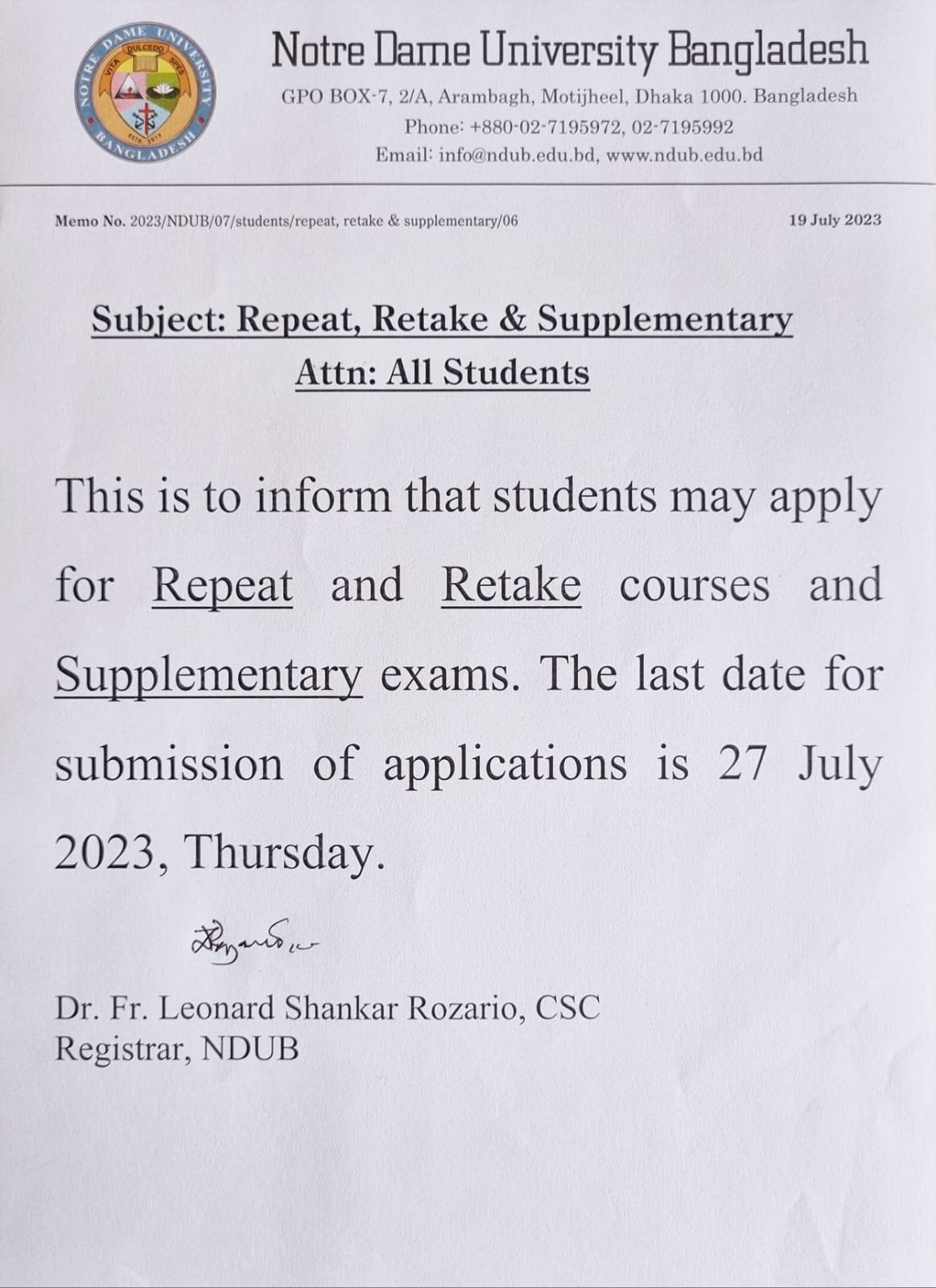 Repeat, Retake & Supplementary - Notre Dame University Bangladesh
