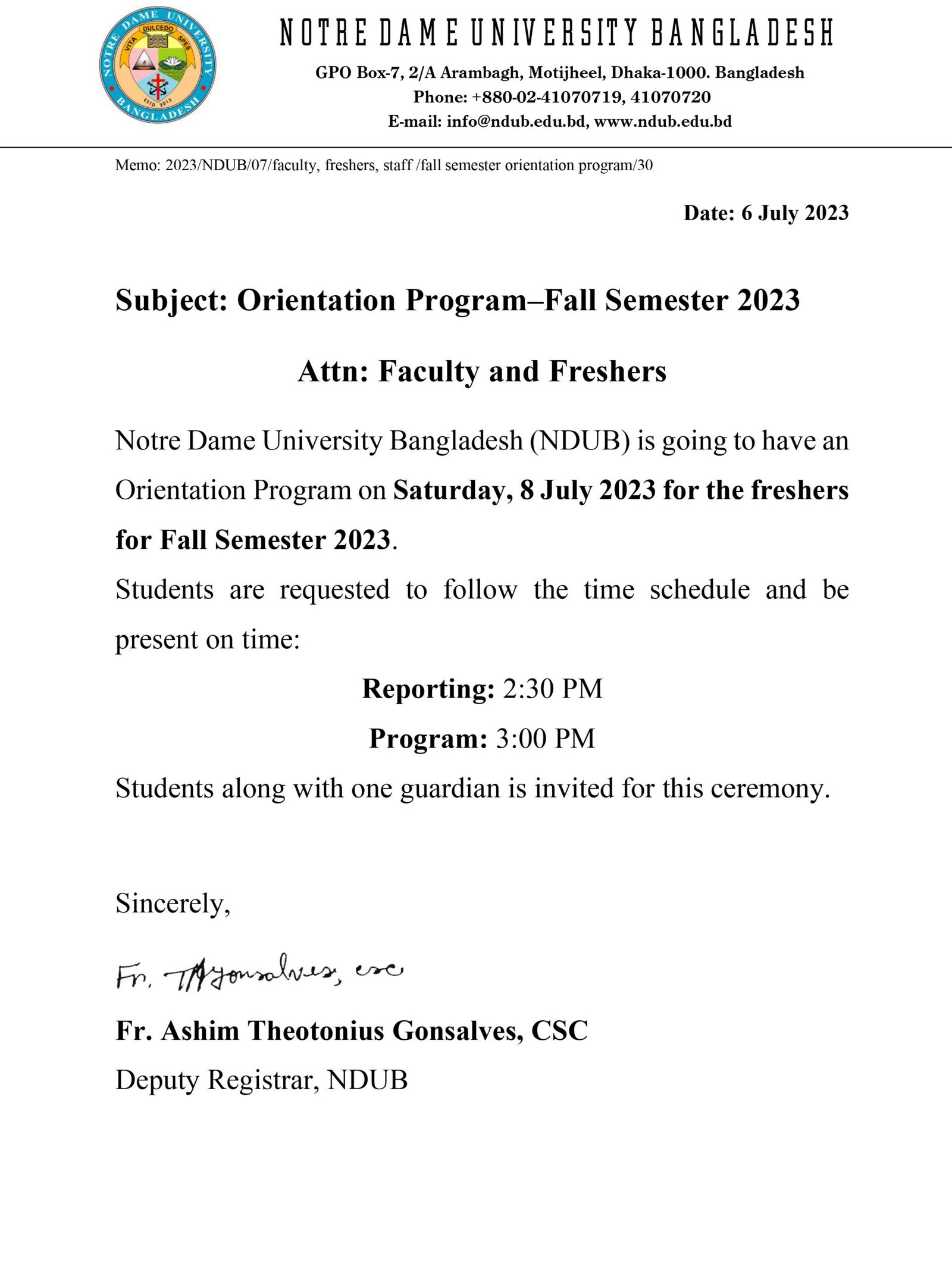 Orientation Program–Fall Semester 2023 - Notre Dame University Bangladesh Orientation Program–Fall Semester 2023 - Notre Dame University Bangladesh
