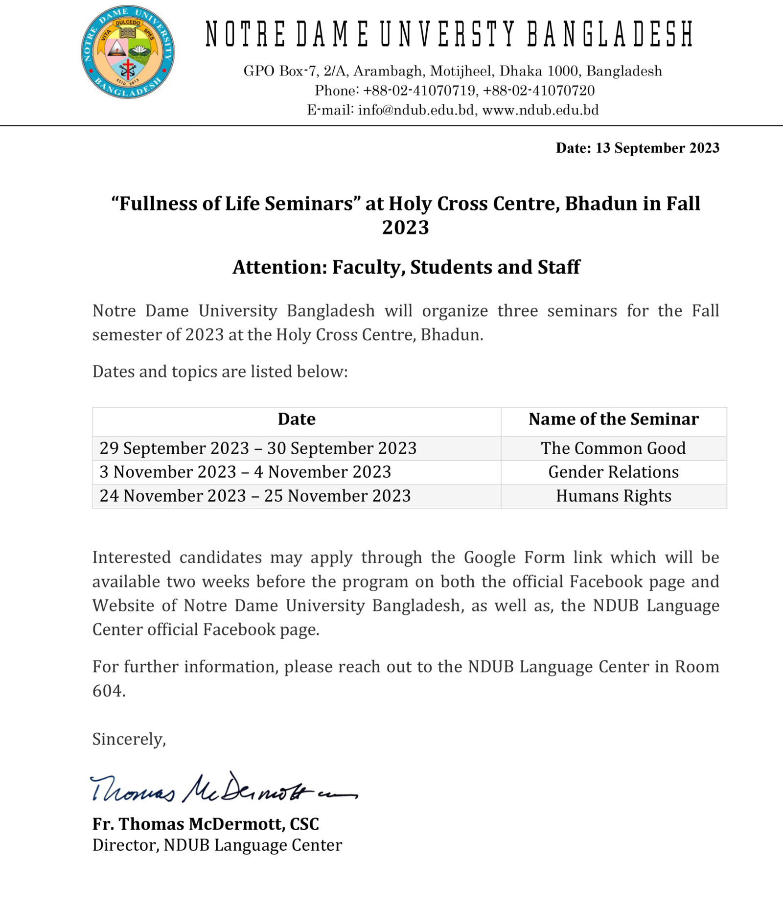 “Fullness of Life Seminars” at Holy Cross Centre, Bhadun in Fall 2023 ...