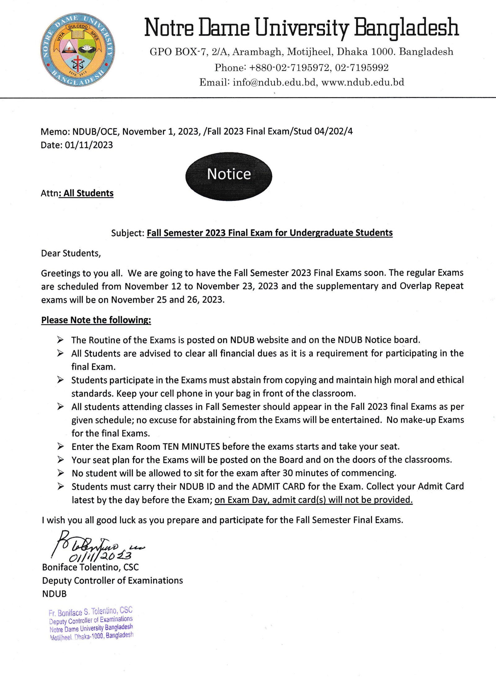 Undergraduate Programs Exam Routine Fall 2023 - Notre Dame University ...