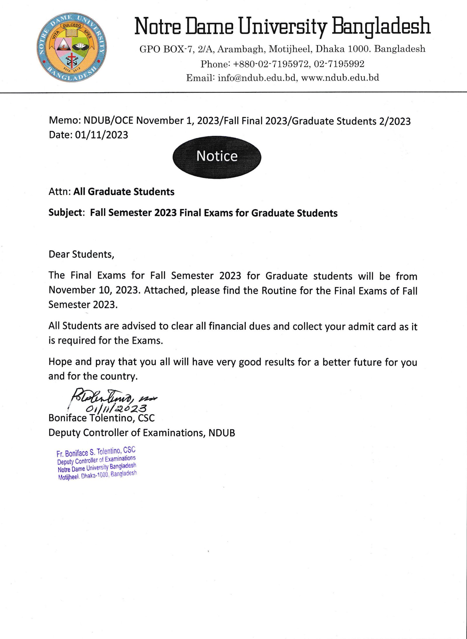 Graduate Programs Exam Routine Fall 2023 - Notre Dame University Bangladesh