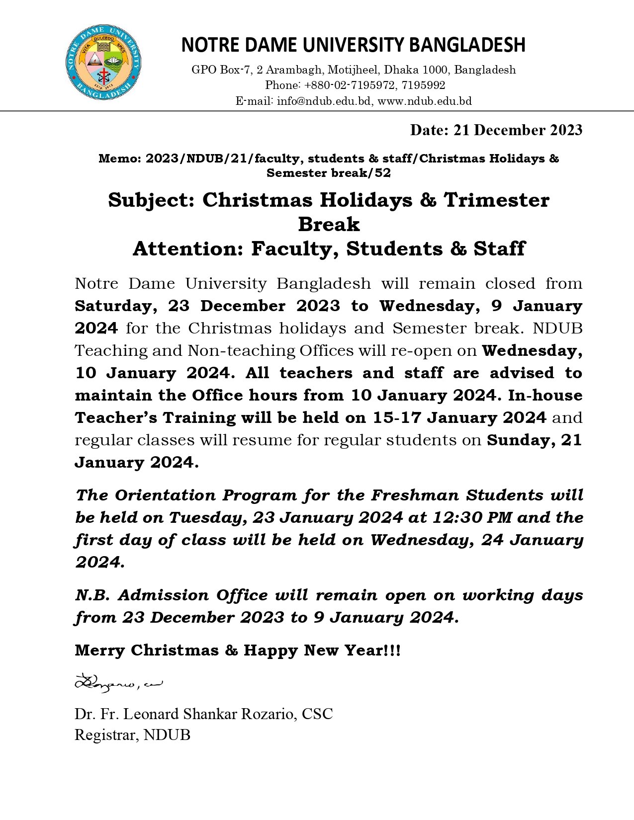 Christmas Holidays - Notre Dame University Bangladesh