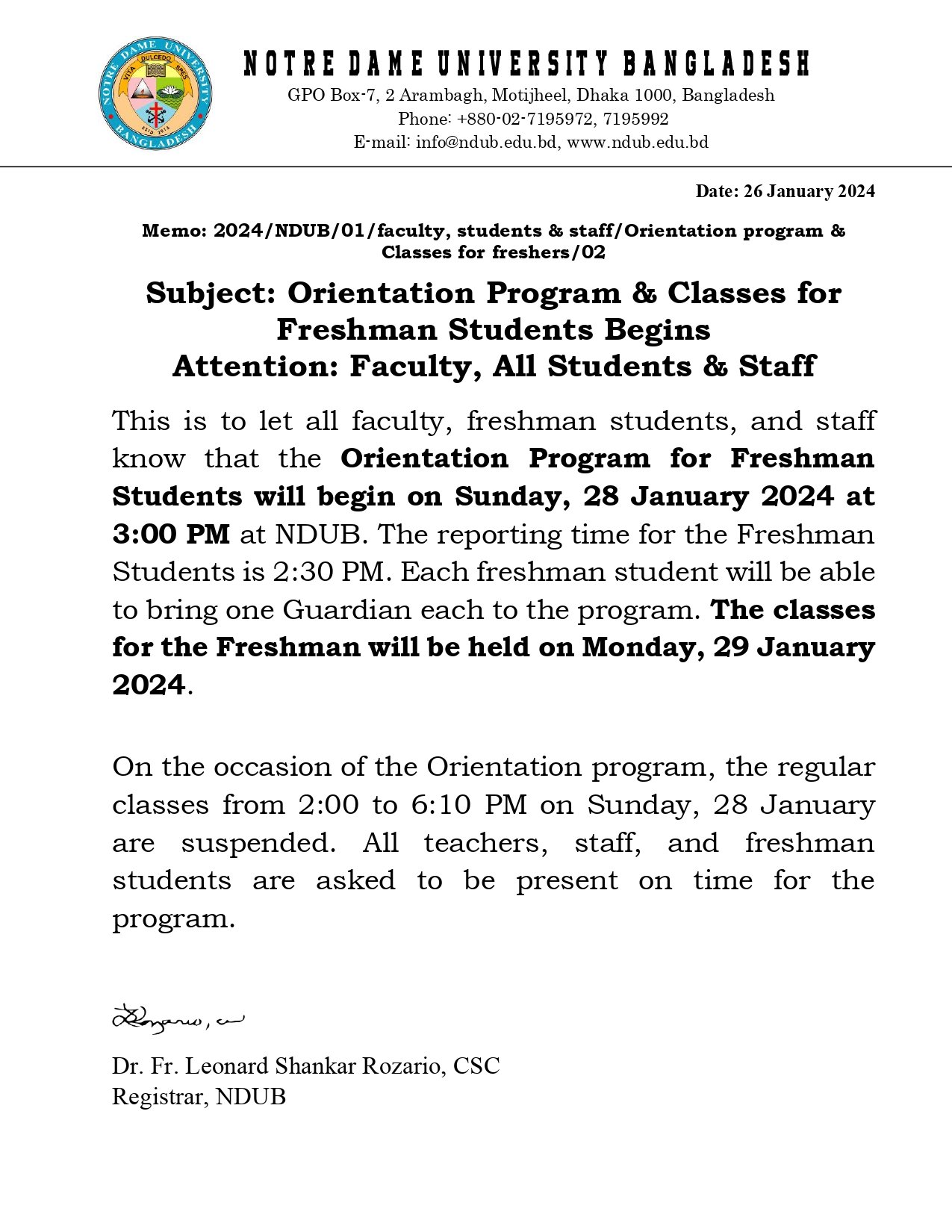 Orientation Program & Classes for Freshman Students Begins - Notre Dame ... Orientation Program & Classes for Freshman Students Begins - Notre Dame ...