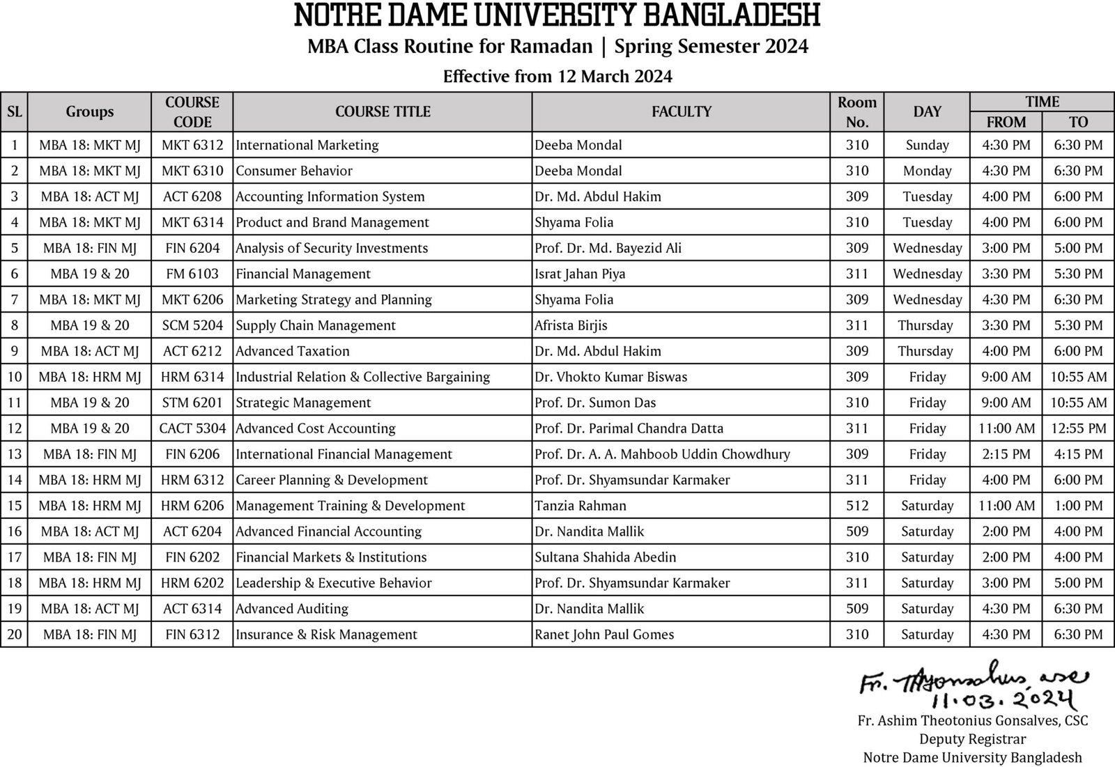 MBA Class Routine for Ramadan, Spring 2024 - Notre Dame University ...