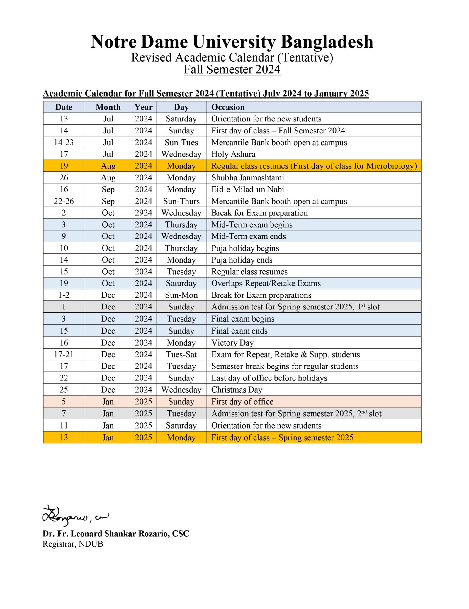 Revised Academic Calendar for Fall Semester 2024 (Tentative) - Notre ...