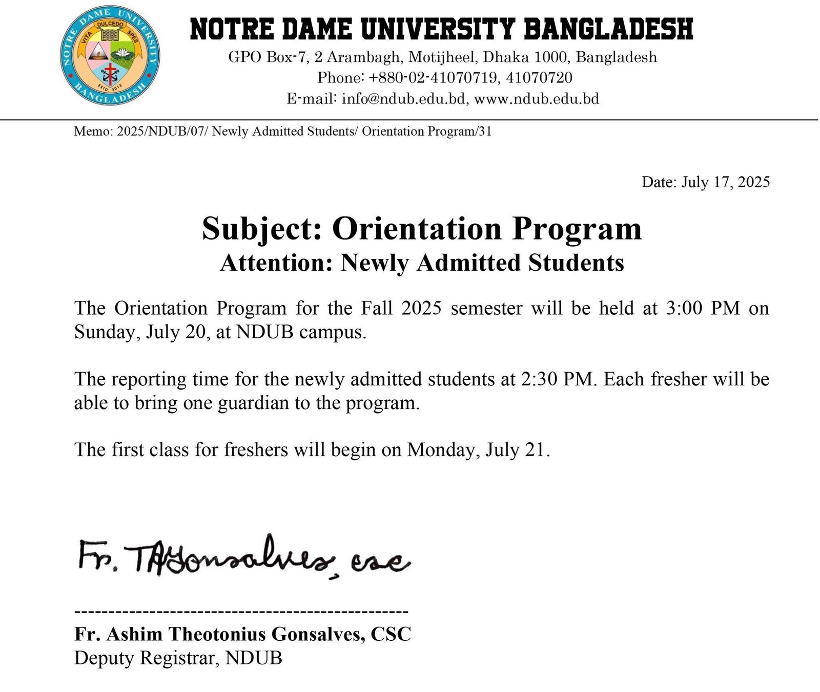 Orientation Program Notice - Fall 2025 - Notre Dame University Bangladesh
