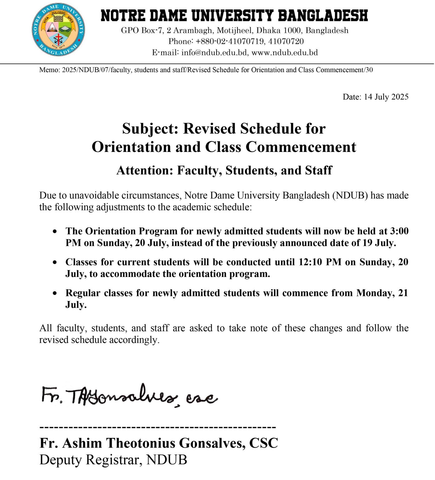 Revised Schedule for Orientation and Class Commencement - Notre Dame ...