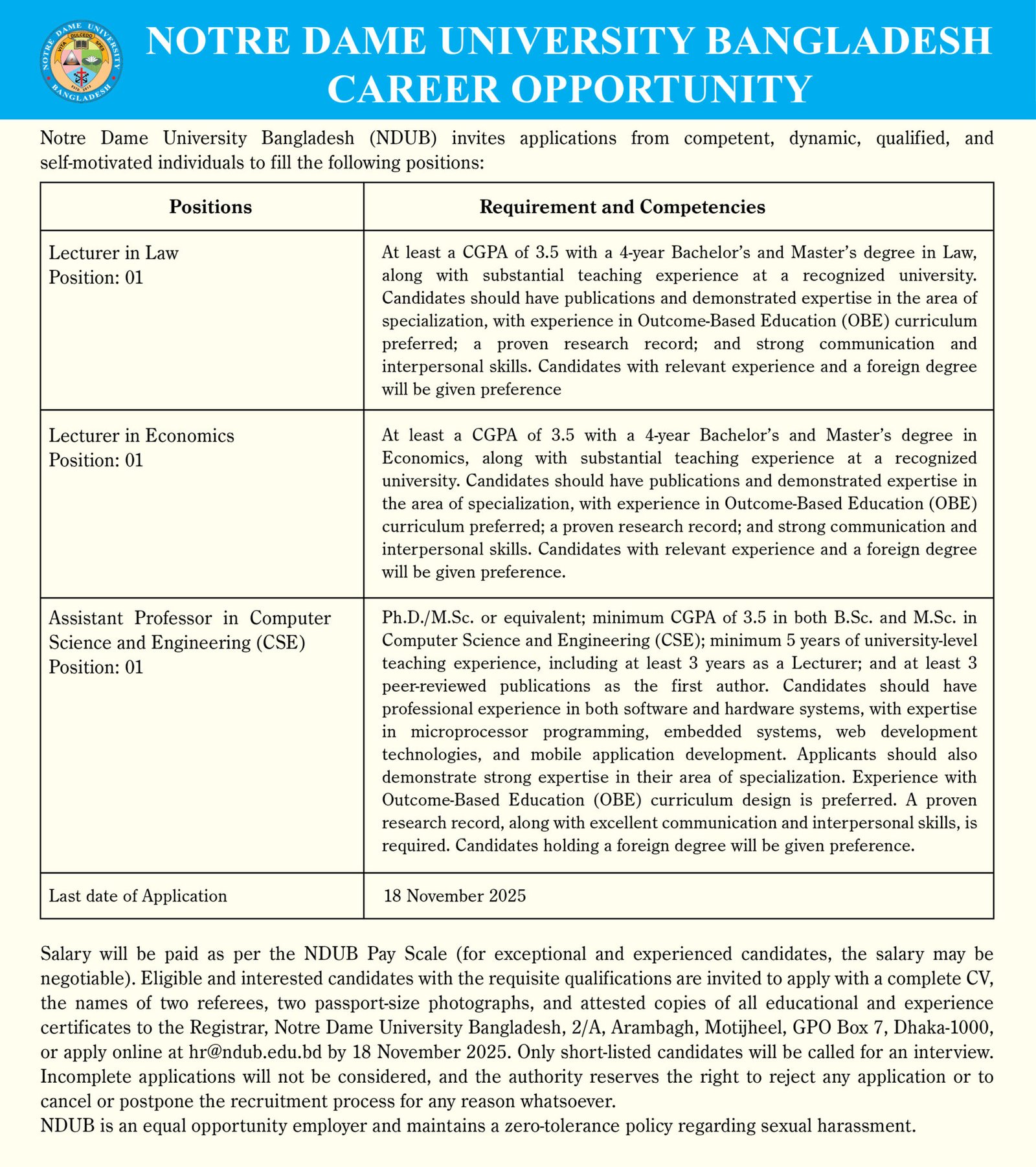 Career Opportunity at NDUB - Notre Dame University Bangladesh
