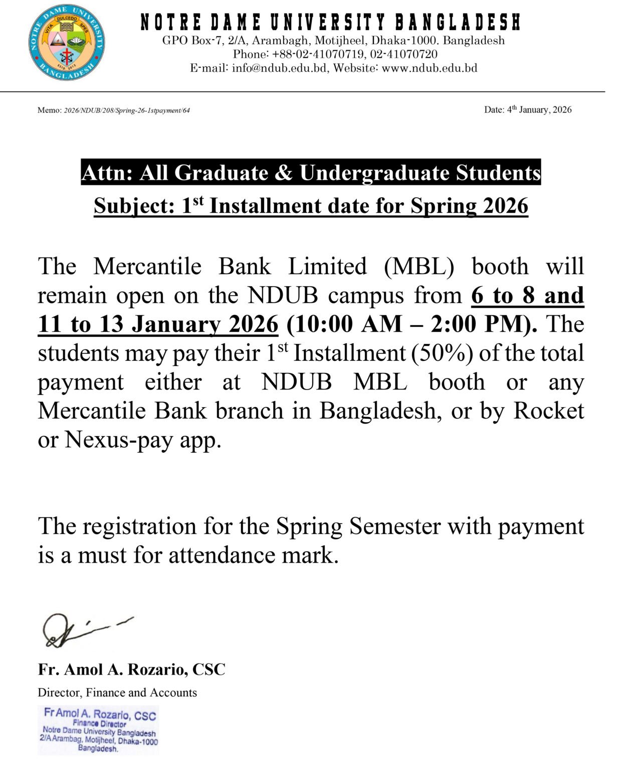 1st Installment date for Spring 2026 - Notre Dame University Bangladesh